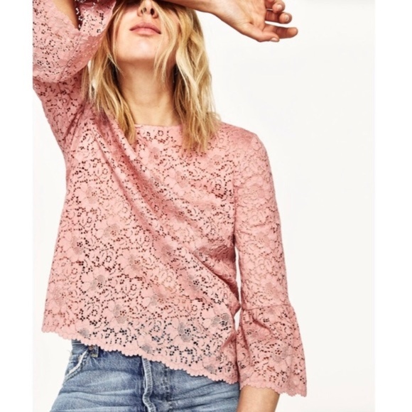 Zara | Tops | Zara Pink Lace Frill Sleeve Top | Poshmark